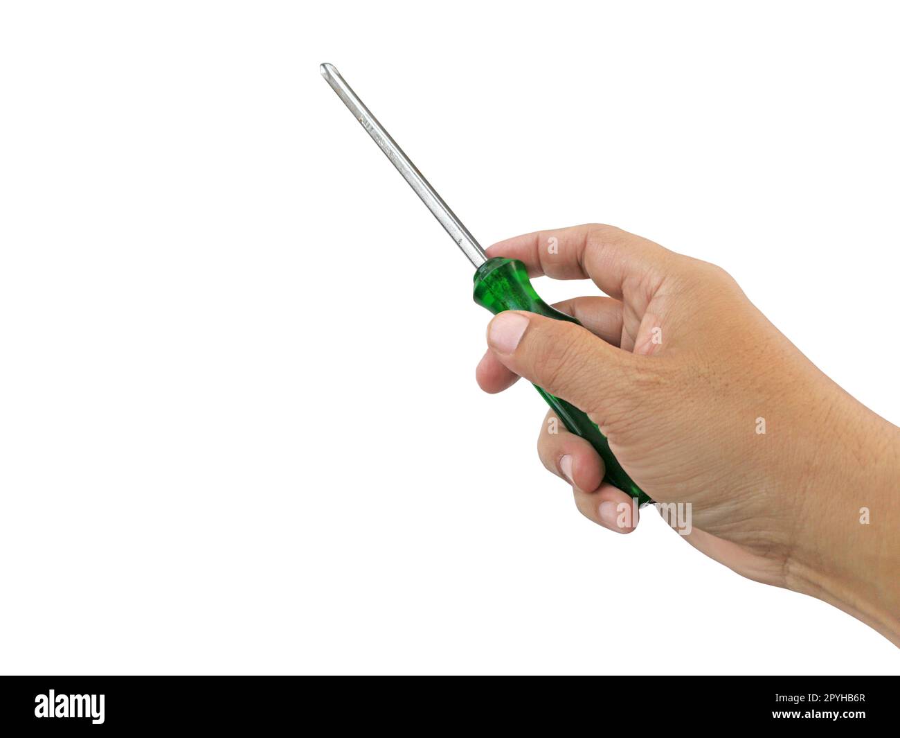 The man holds a screwdriver in his hand on a white background, isolate ...