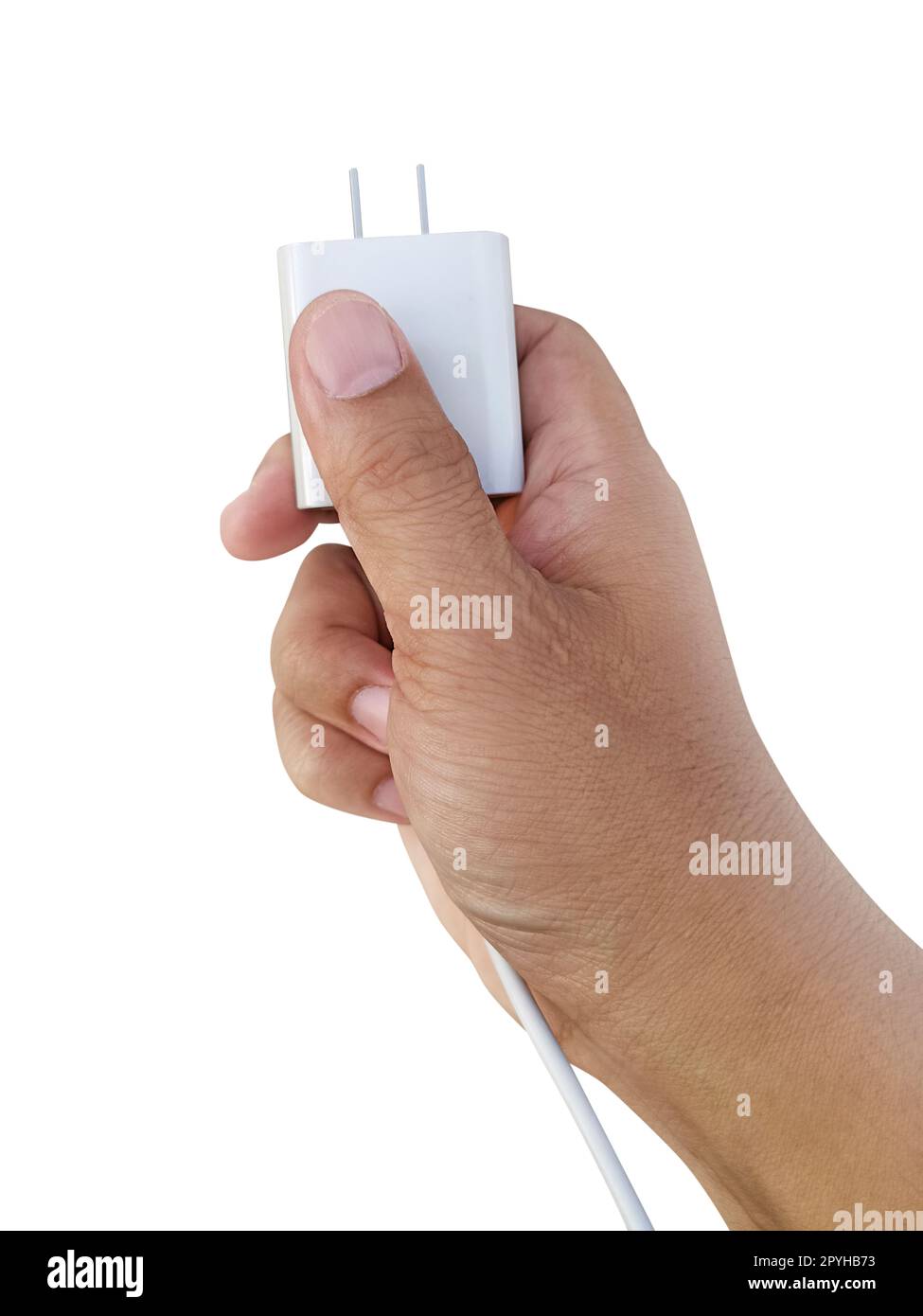 Hand holding a power plug smartphone white background Stock Photo - Alamy