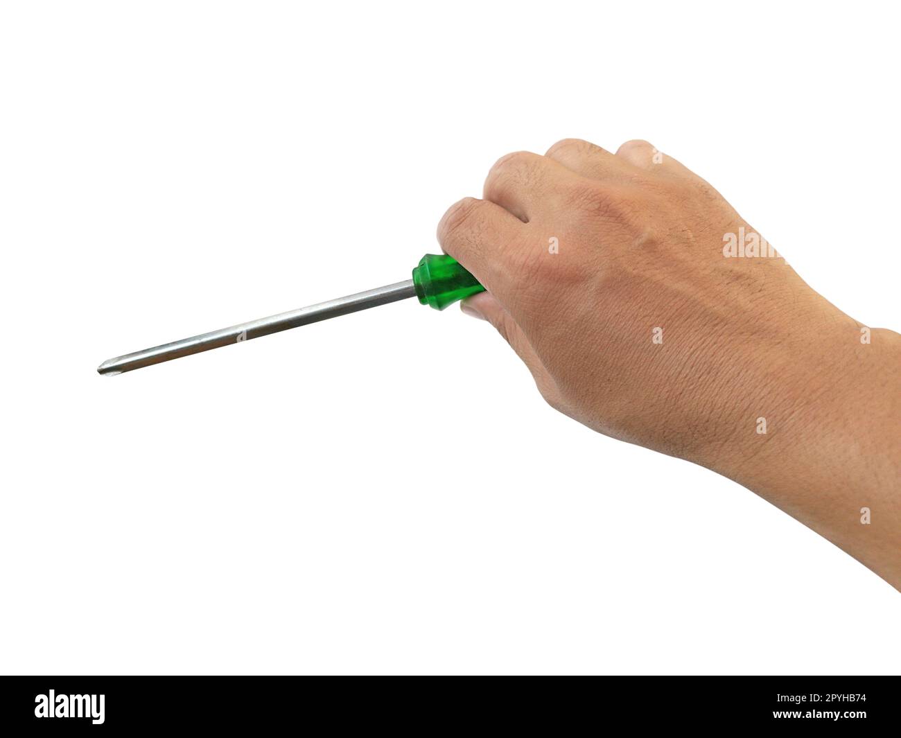 The man holds a screwdriver in his hand on a white background, isolate ...