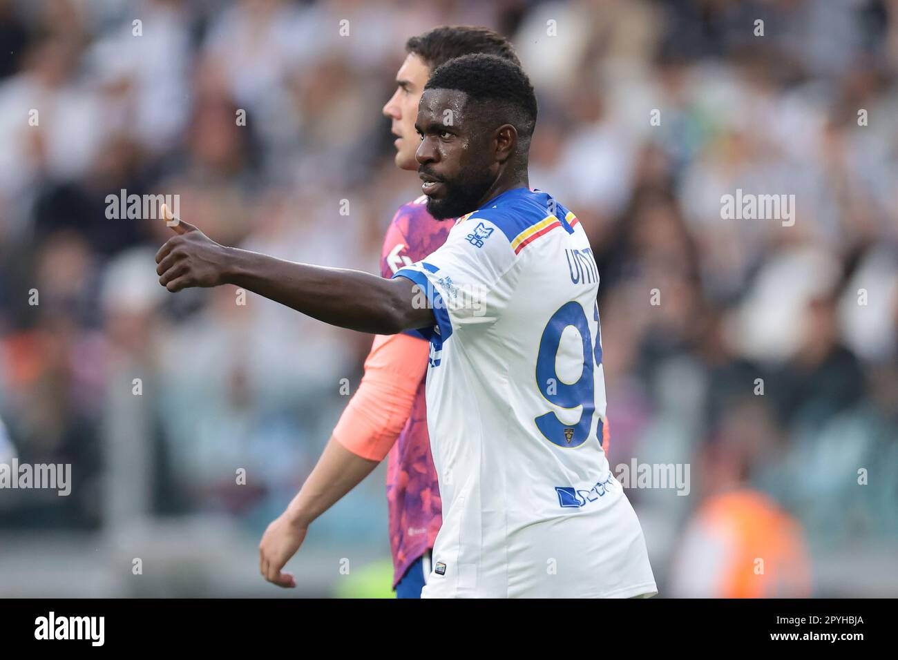 Turin, Italy, 3rd May 2023. Samuel Umiti of US Lecce reacts as he marks ...