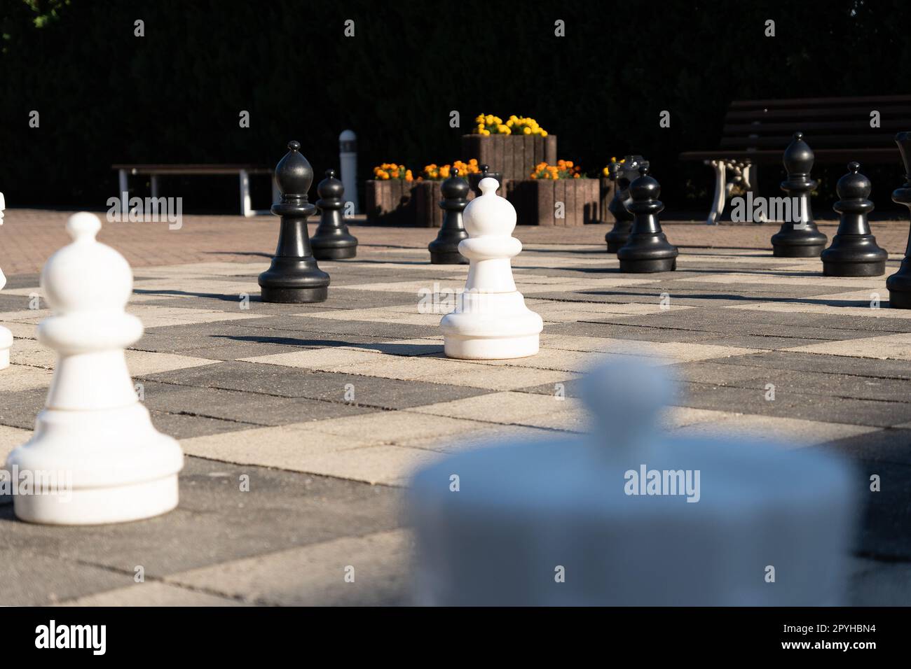 Outdoor chess board with big plastic pieces. Giant chess in public area ...