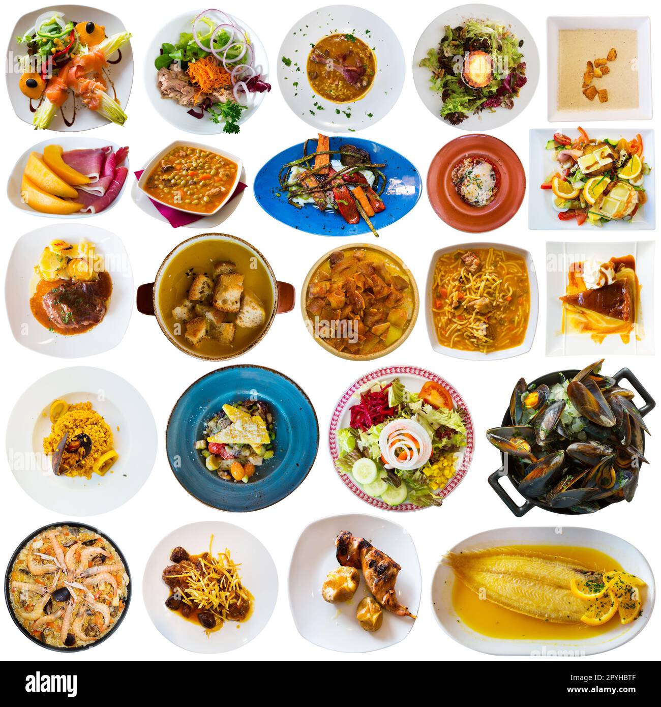Set of various tasty dishes of Spanish cuisine isolated on white Stock ...