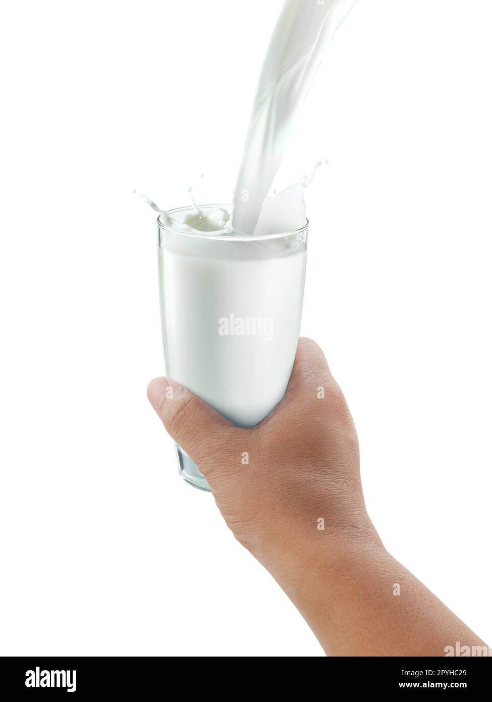 Glass of milk on human hands. isolated on a white background Stock ...
