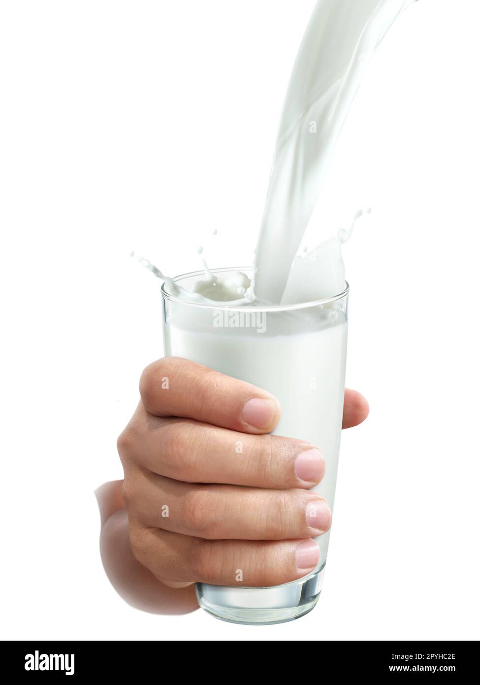 hand with glass of milk on a white background Stock Photo - Alamy