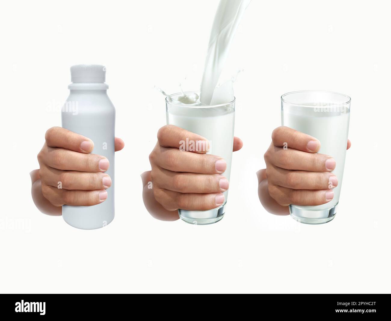 hand with glass of milk and milk bottle on a white background Stock ...
