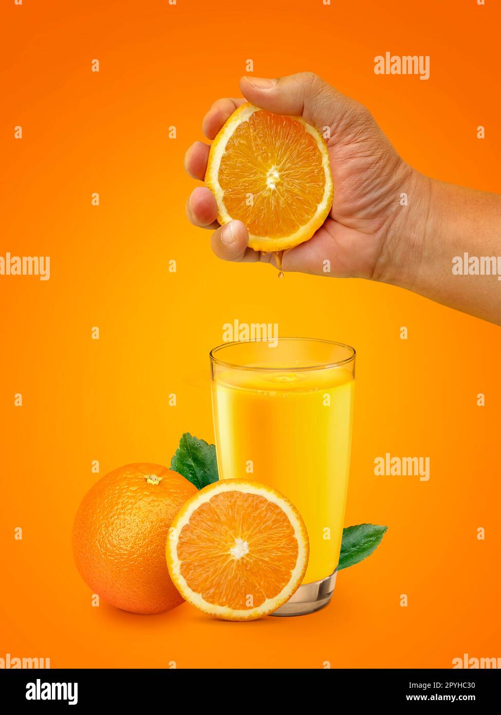 Hand squeezing orange into glass and orange fruit on the isolated on ...