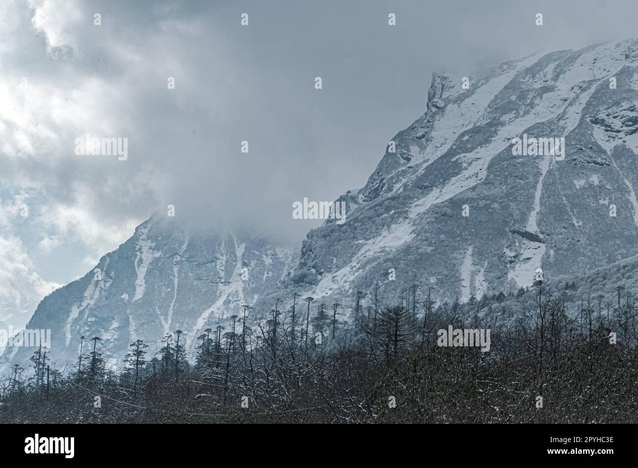 Winter Cloudy Foggy Mountain Landscape. Snow-covered mountain covered ...