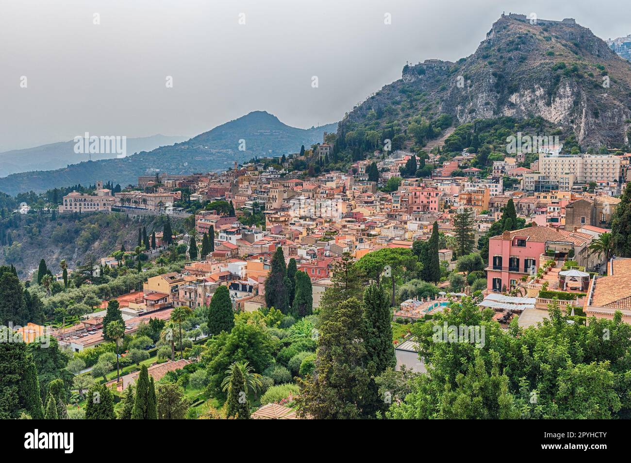 Panoramic view of the city of taormina hi-res stock photography and ...