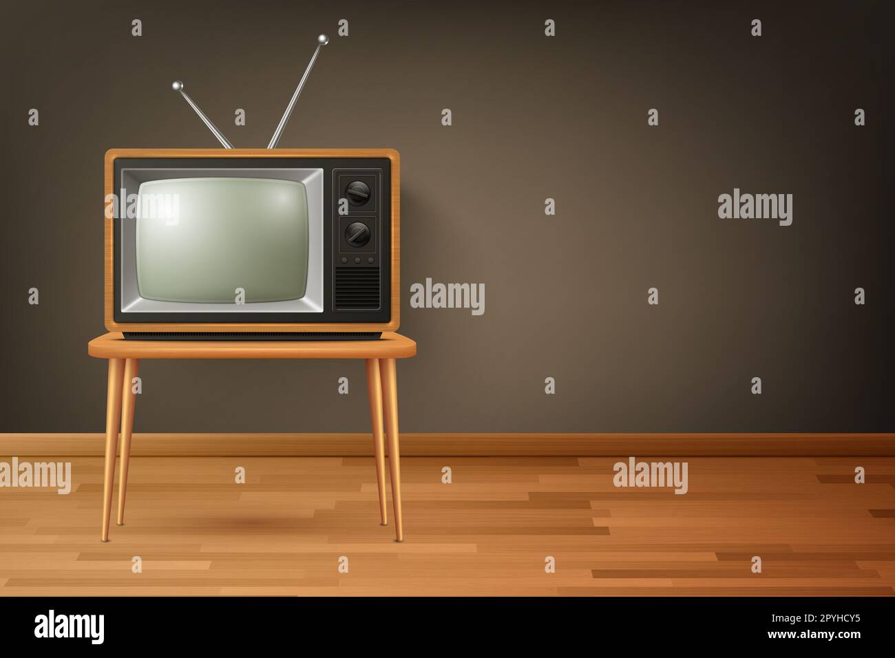 Vector 3d Realistic Retro TV Receiver on Wooden Floor. Home Interior ...