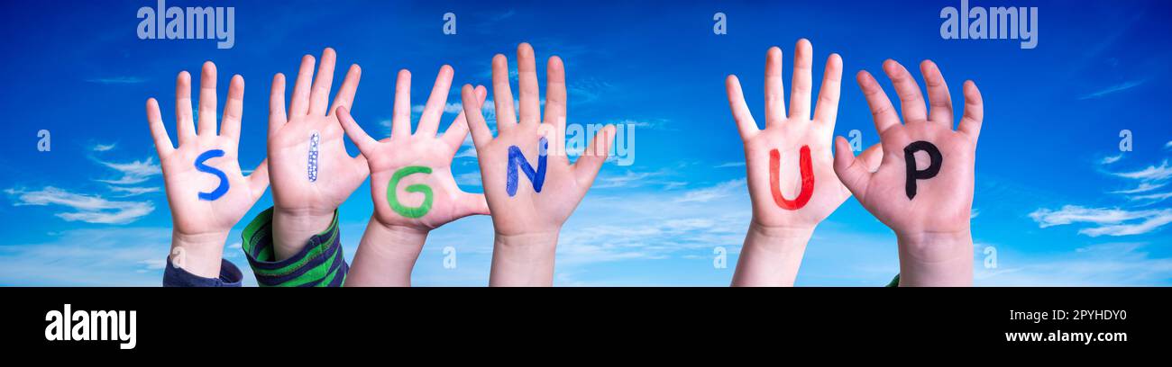 Children Hands Building Word Sign Up, Blue Sky Stock Photo - Alamy