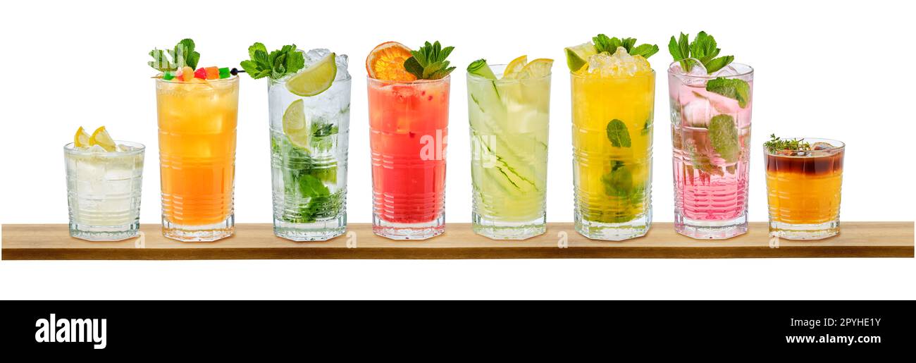 Set of cold refreshing drinks on white background Stock Photo - Alamy