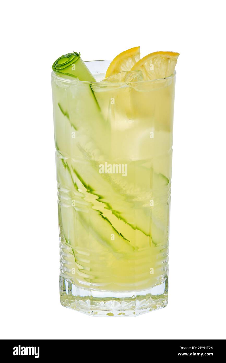 Tall glass of cold lemon and cucumber fruit lemonade Stock Photo - Alamy
