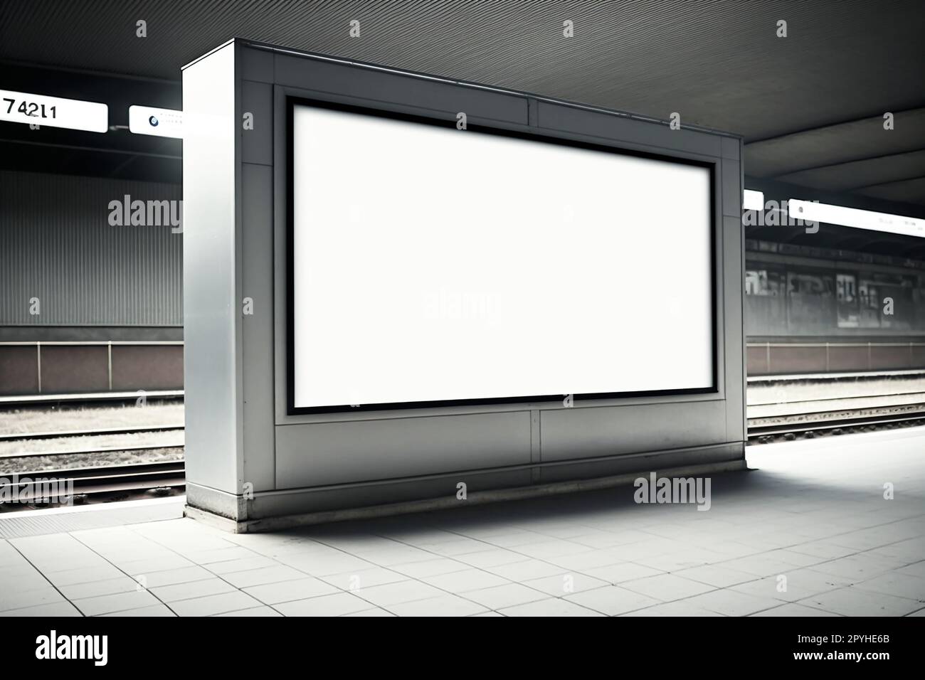 Horizontal white billboard mockup. Poster on street next to underground ...