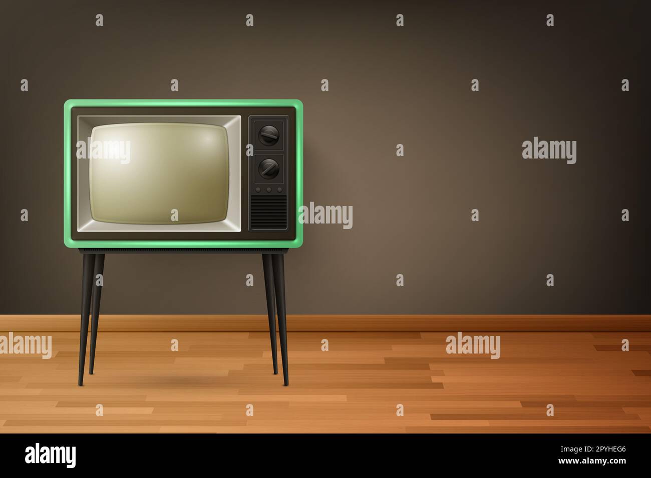 Vector 3d Realistic Retro TV Receiver on Wooden Floor. Home Interior ...