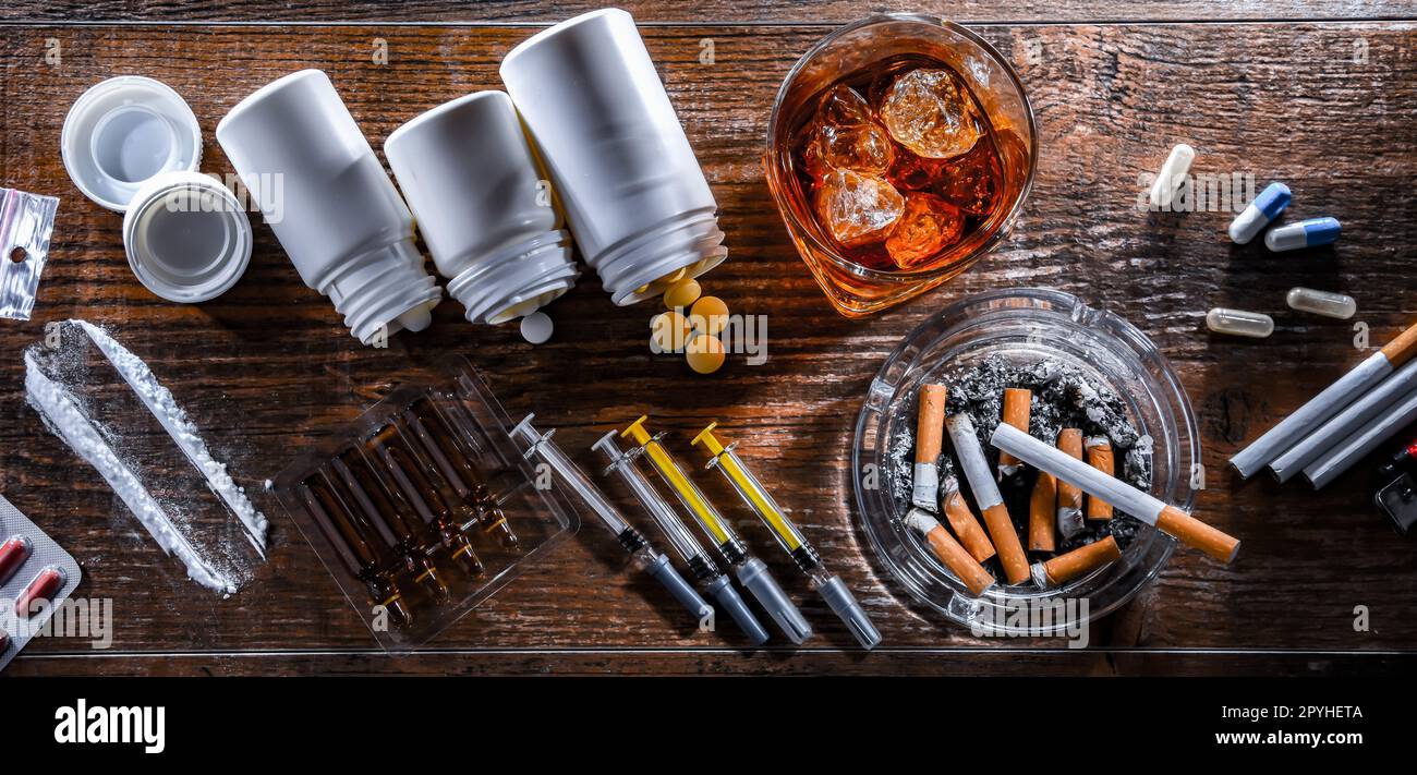 Addictive substances including alcohol cigarettes hi-res stock ...