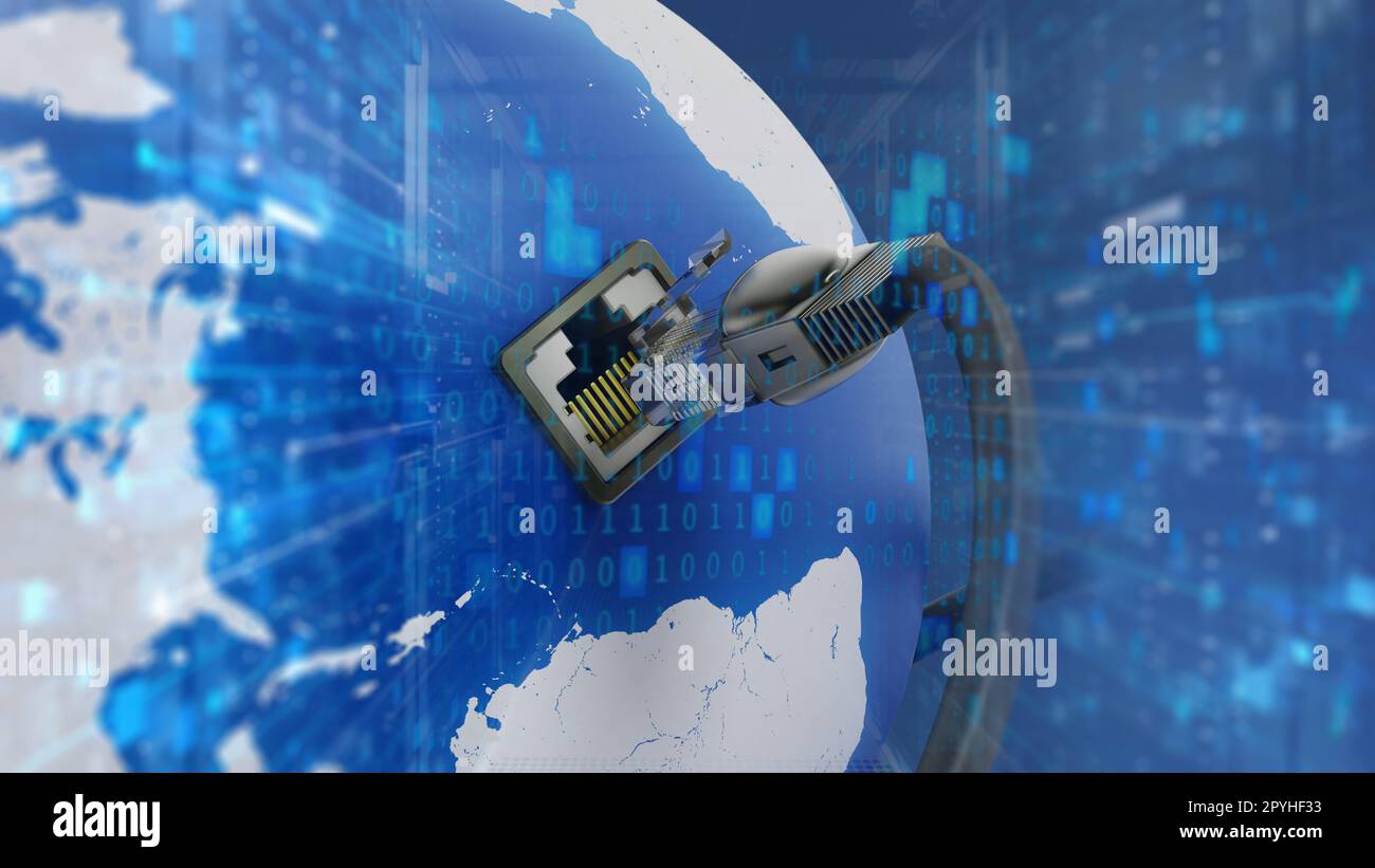 Network cable connected to the blue globe with a socket. 3D ...