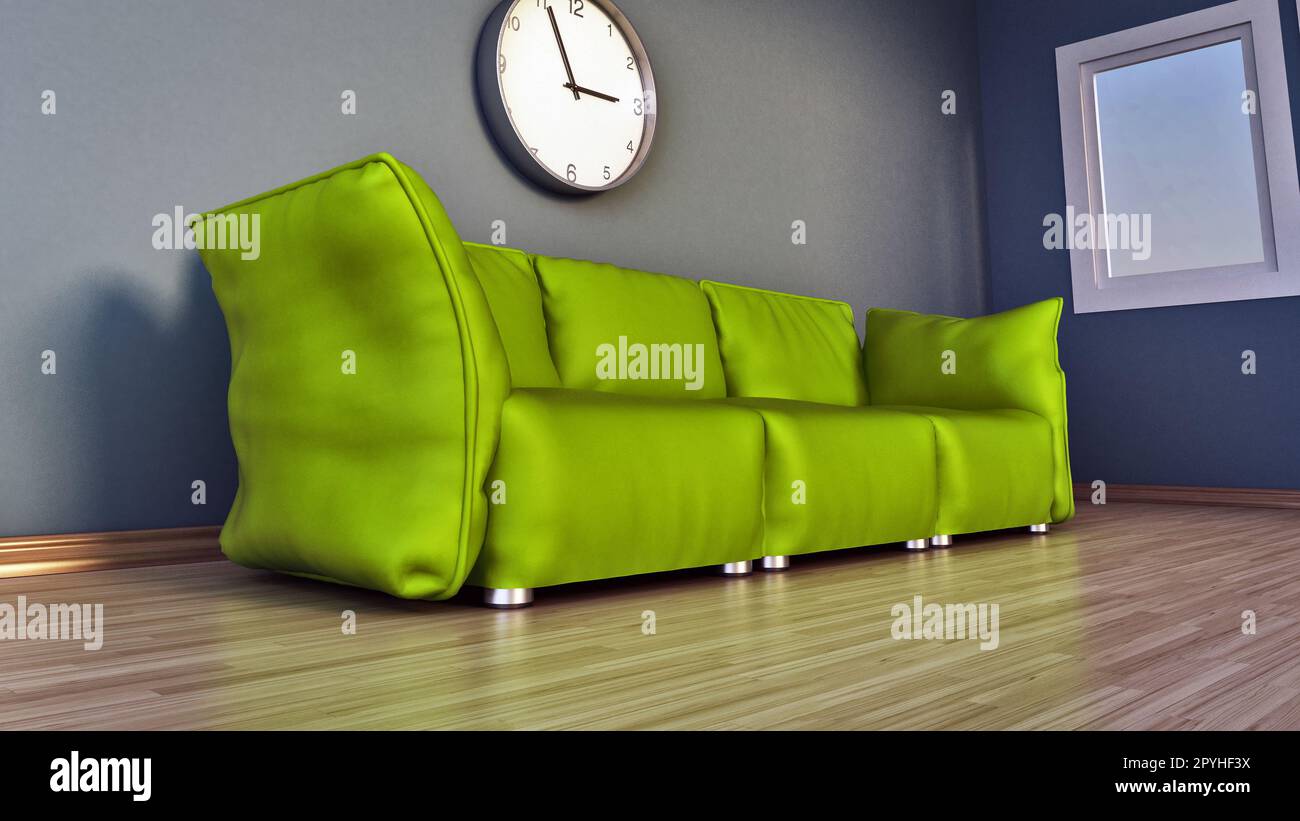 Green comfortable couch standing on parquet ground. 3D illustration ...