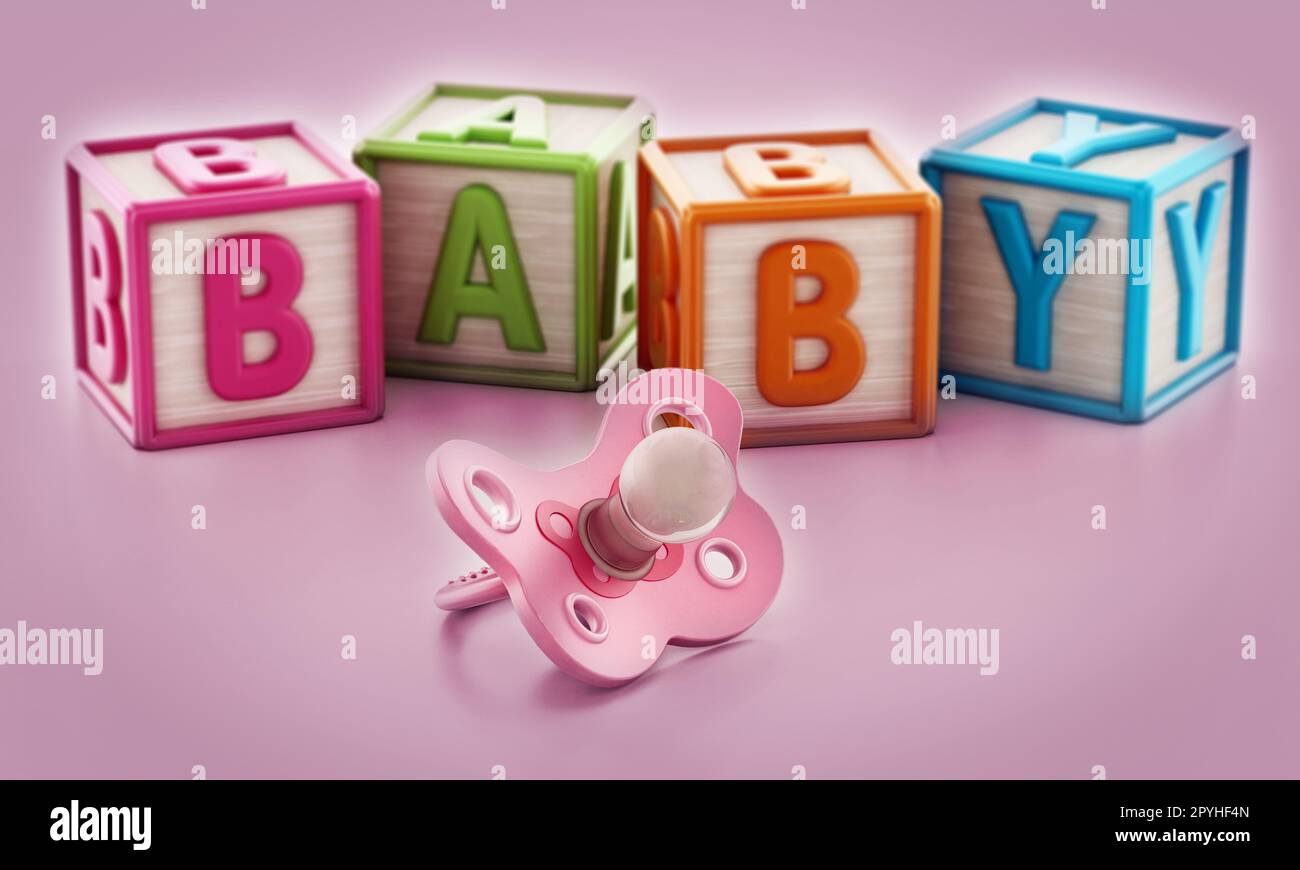 Pink baby pacifier and toy cubes forming baby word together on pink ...
