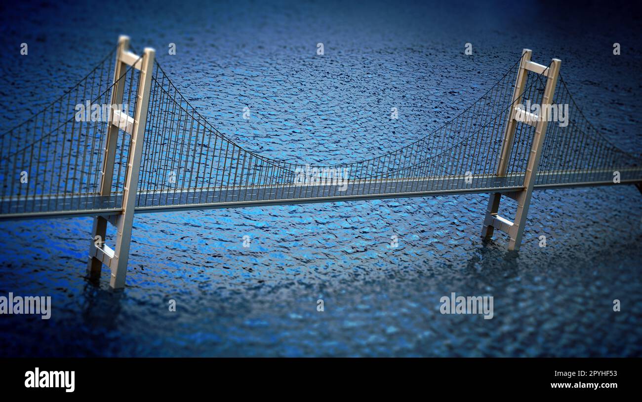 Suspension bridge across the sea connecting two sides of the land. 3D ...