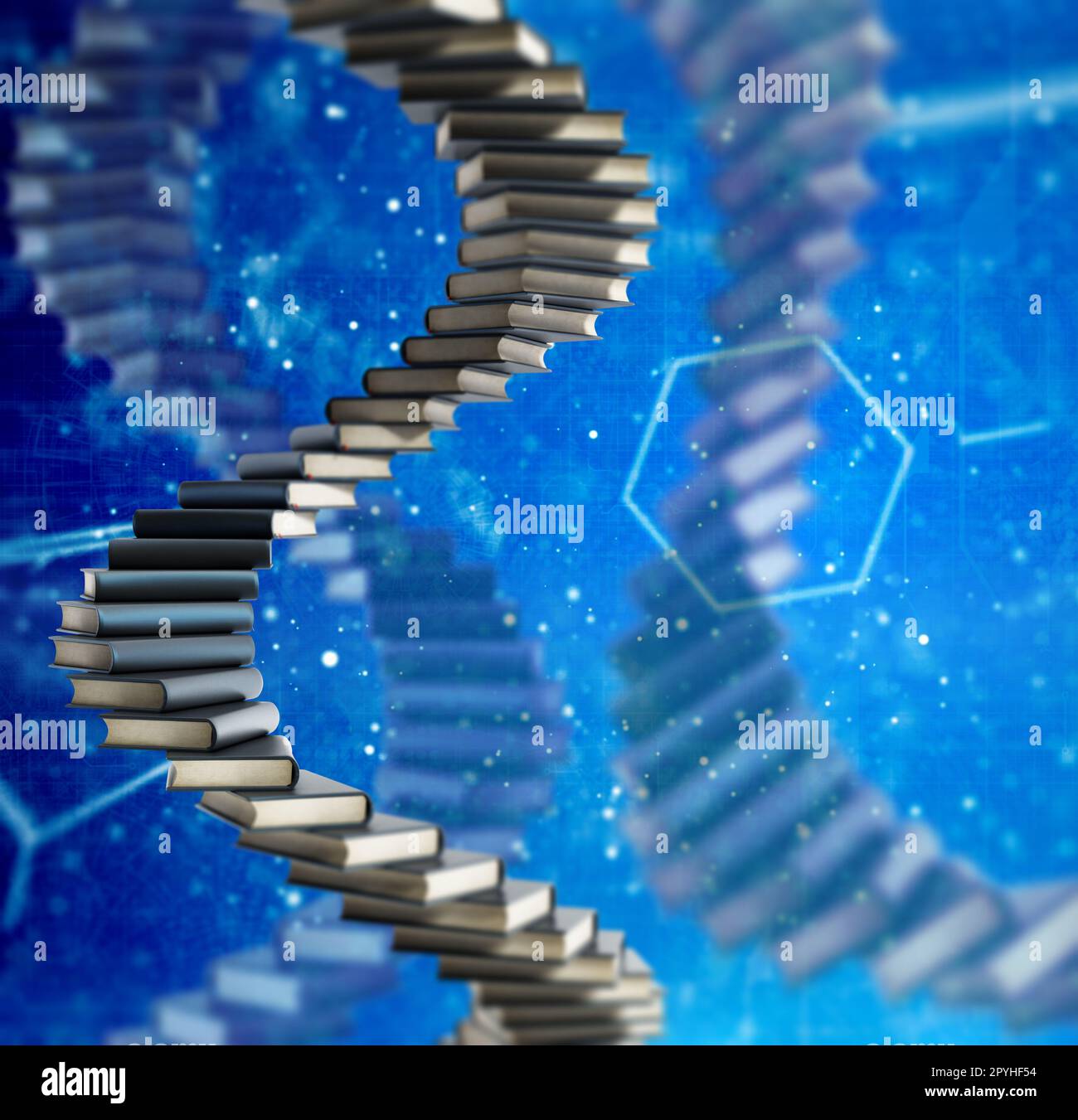 DNA shaped stack of books on blue background. 3D illustration Stock ...