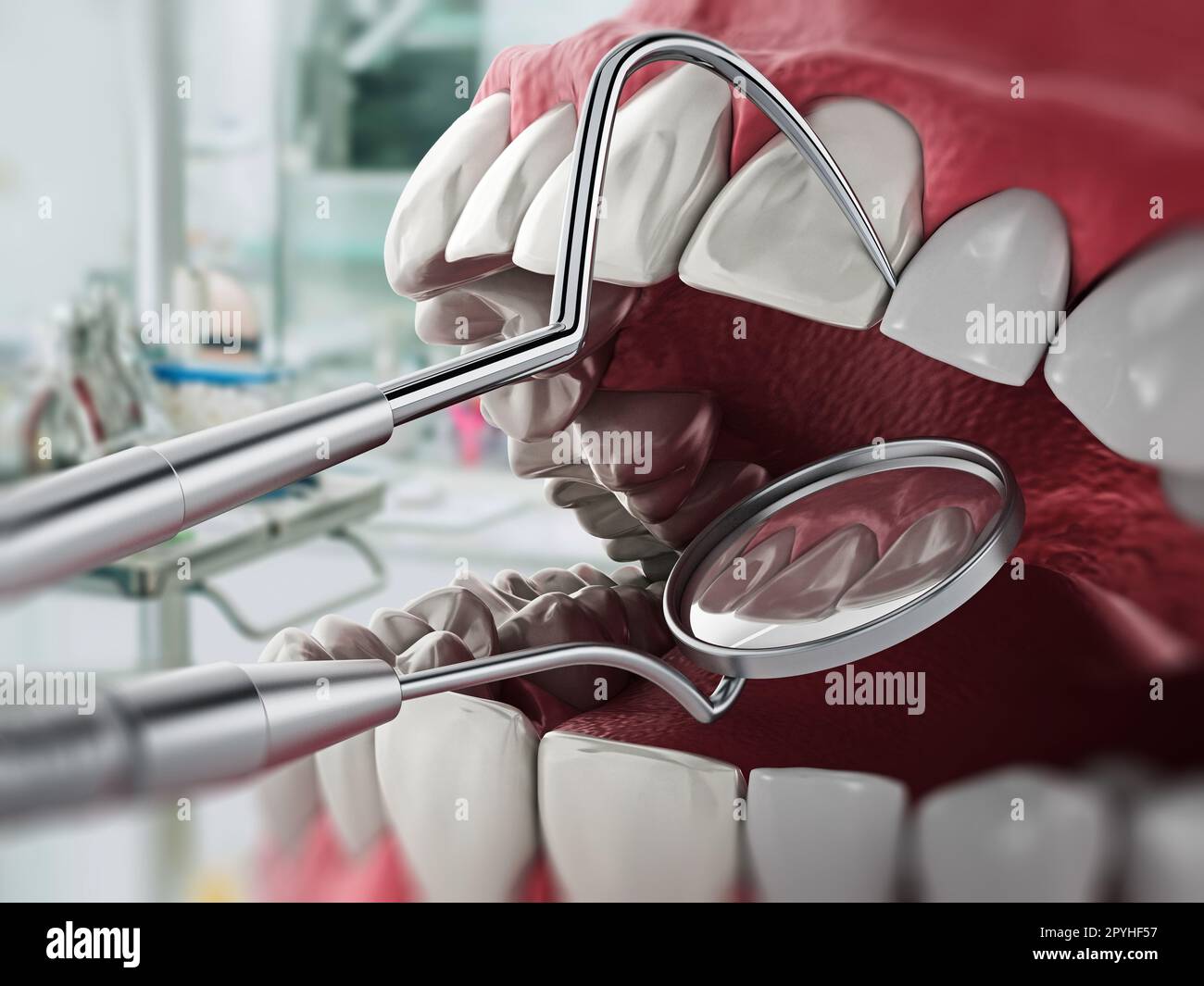 Human teeth model and professional dentist tools on dental clinic ...