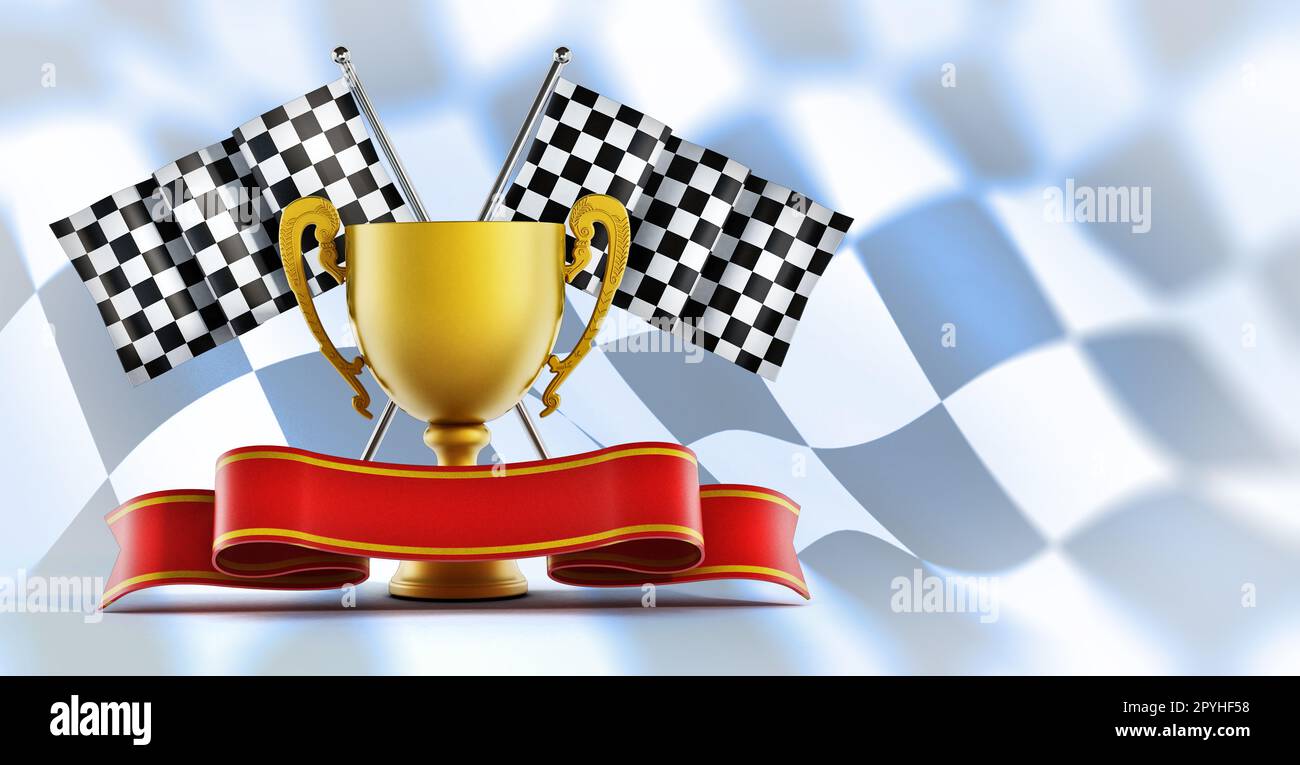 Gold cup, checkered flags and red ribbon on checkered flag background ...