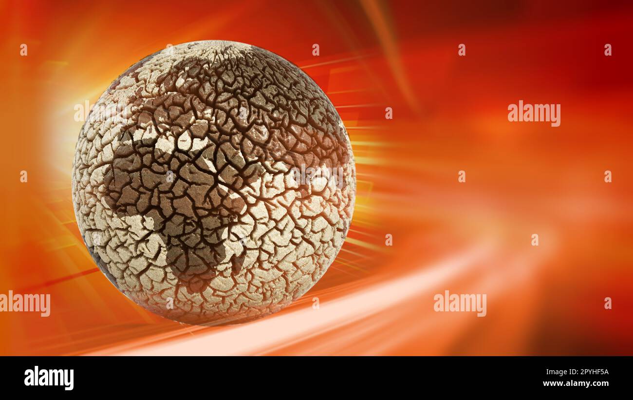 Globe with cracked soil texture on red background. Environmental damage ...
