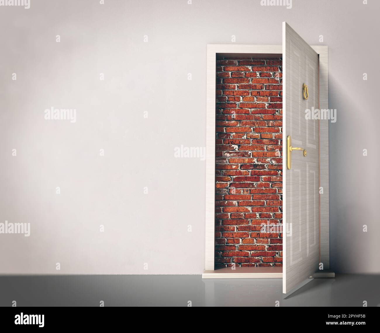 Open door entry blocked with brick wall. 3D illustration Stock Photo ...