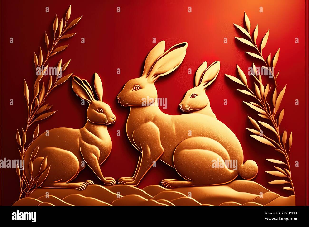 Chinese new year 2023 year of the rabbit. Gold bunny rabbit with red ...
