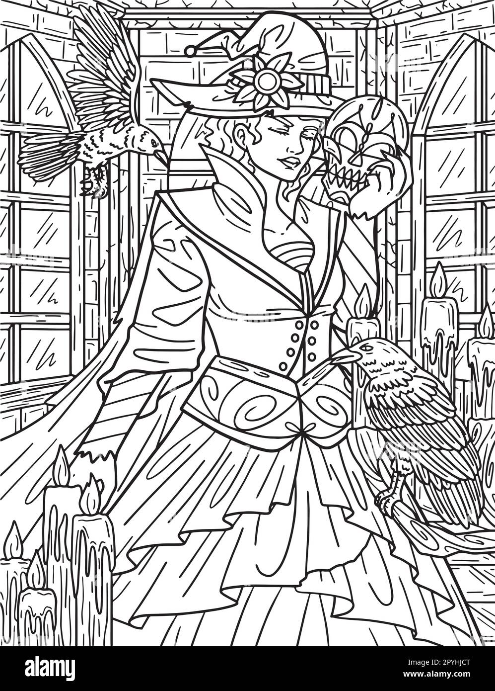 Halloween Woman with Mask Coloring Page for Adults Stock Vector Image ...