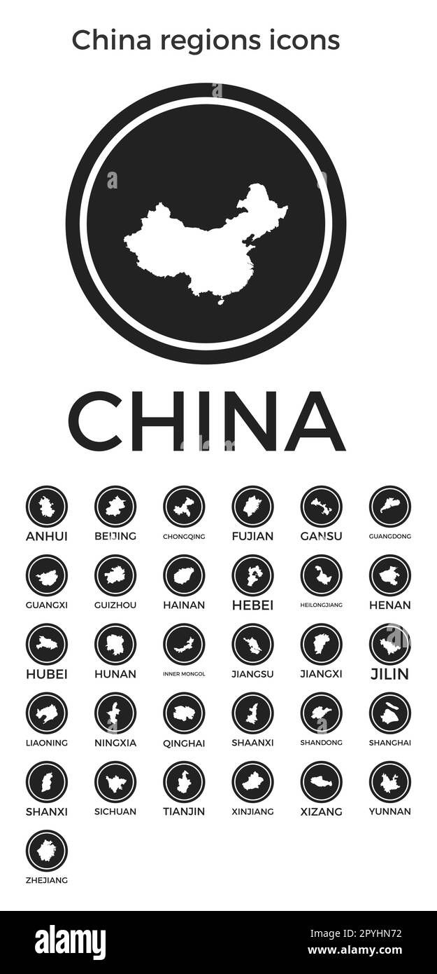 China regions icons. Black round logos with country regions maps and ...