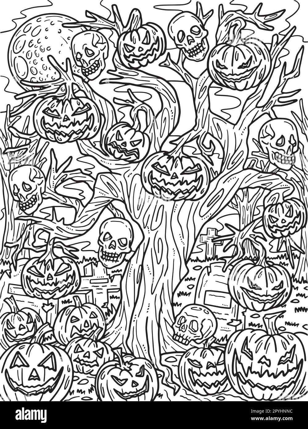 Halloween Haunted Tree Coloring Page for Adults Stock Vector Image ...