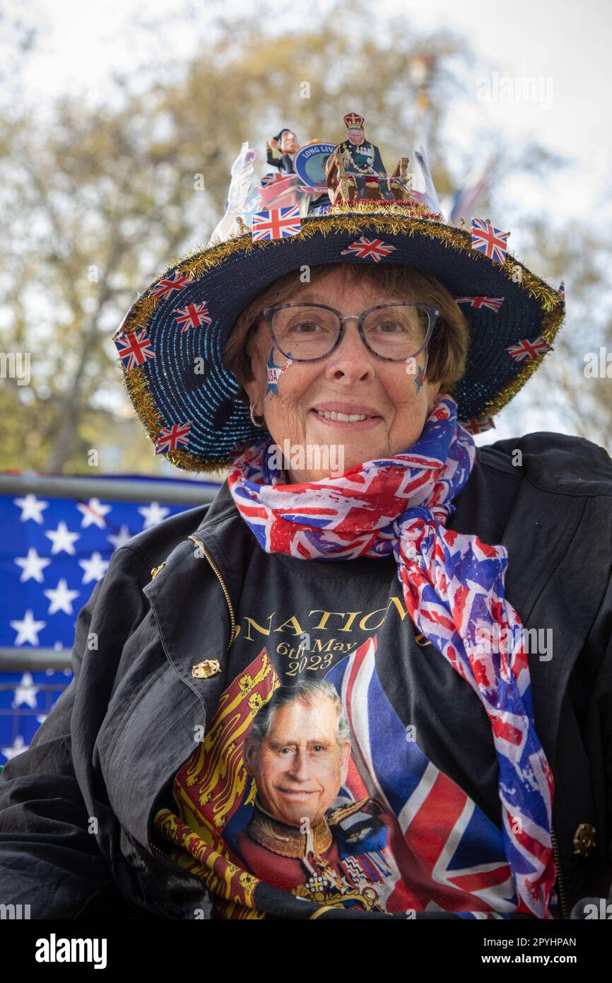 London, UK. 3rd May 2023. Dressed in a custom made coronation hat ...