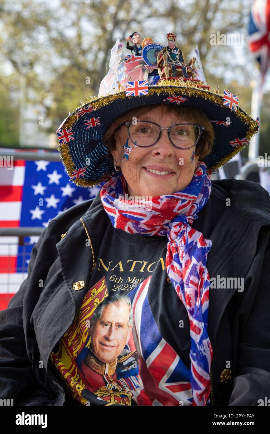 London, UK. 3rd May 2023. Dressed in a custom made coronation hat ...