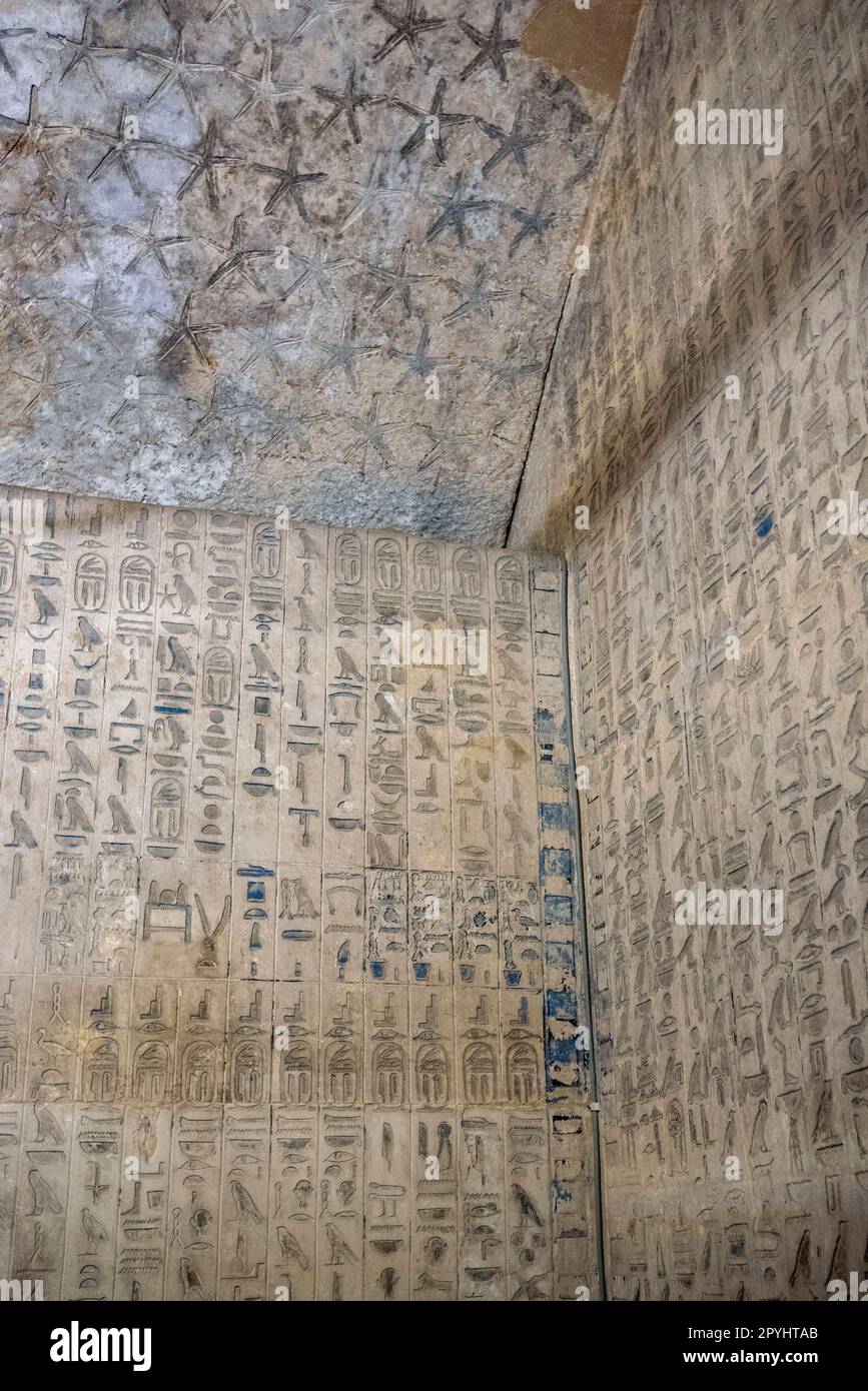 Stars and hieroglyphics cover the interior walls and ceiling of a ...