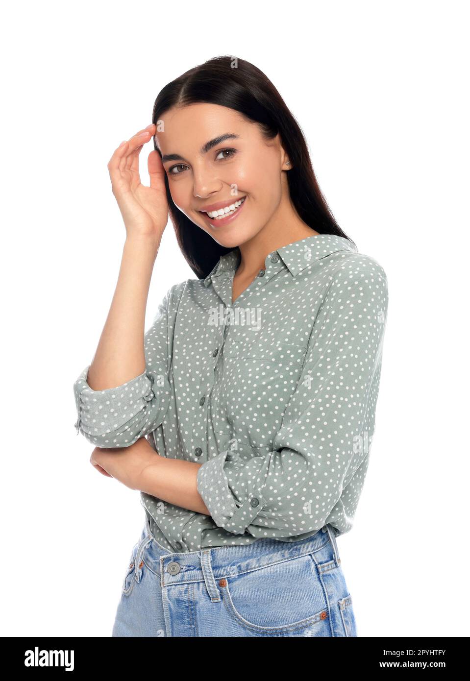 Embarrassed woman covering face with hand on white background Stock ...