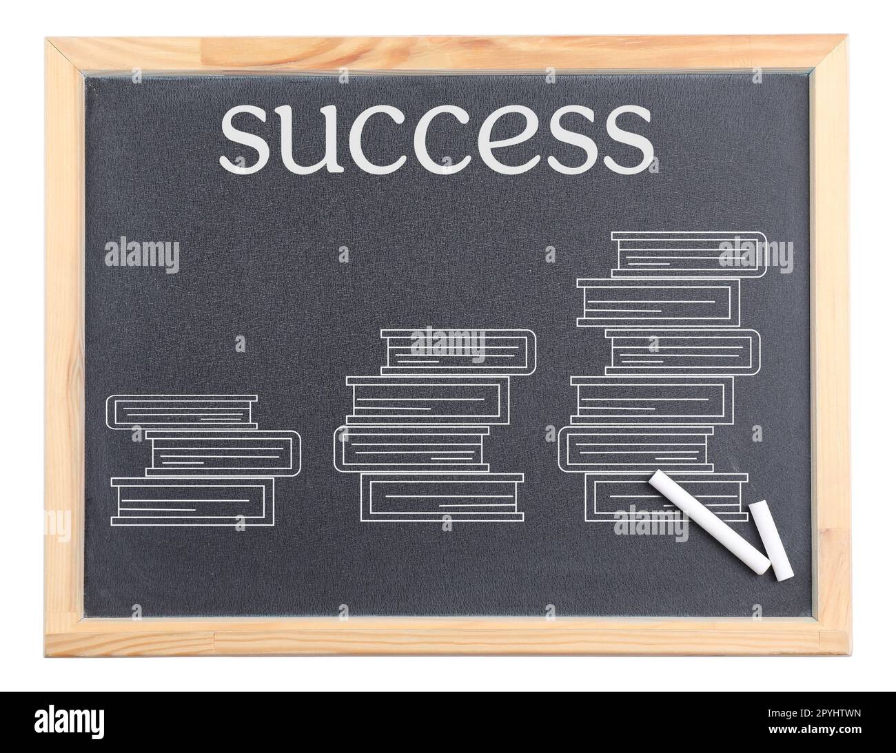 Books and word Success drawn on chalkboard against white background ...