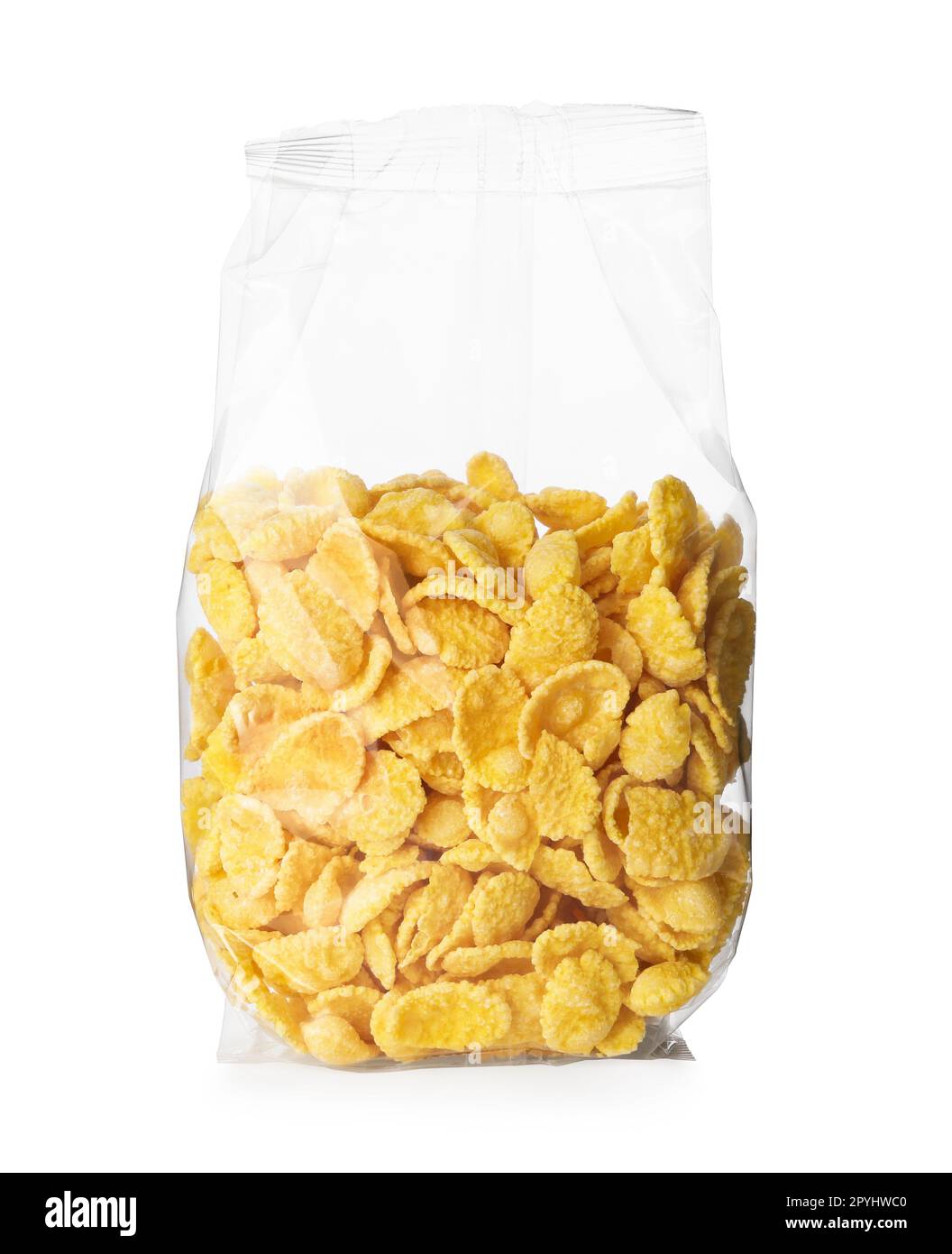 Transparent plastic pack of tasty crispy corn flakes isolated on white ...