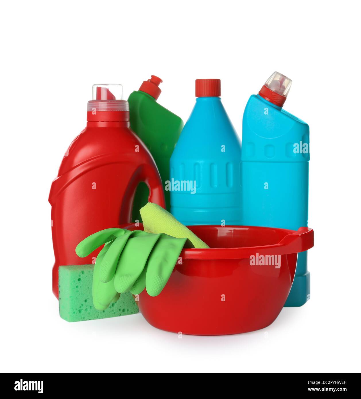 Different cleaning supplies and tools on white background Stock Photo ...