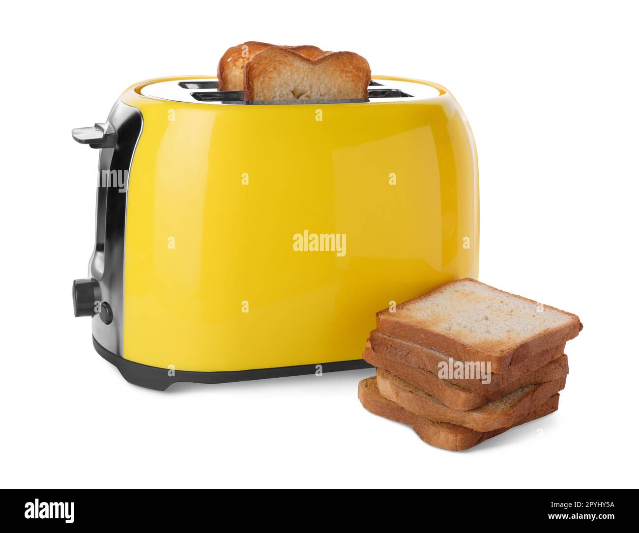 Yellow toaster with roasted bread slices on white background Stock ...