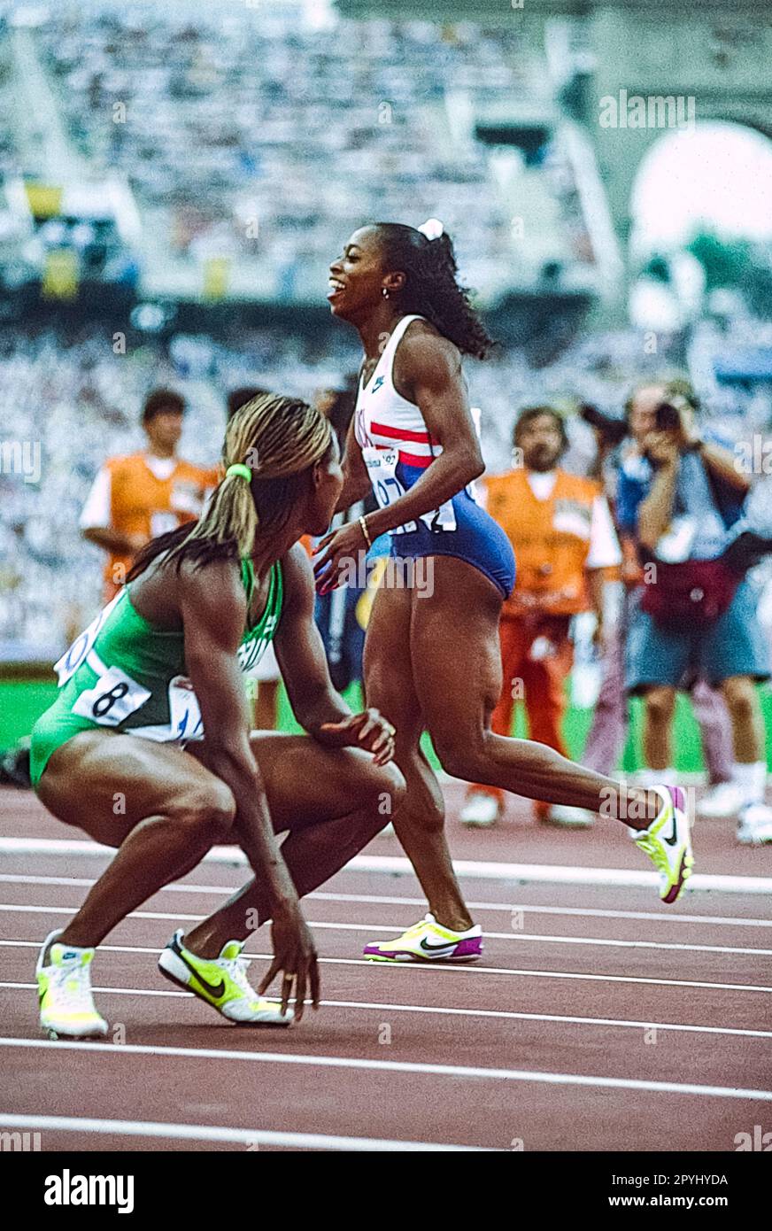 Gail Devers (USA) #1687 after winning the finals of the Women's 100 ...