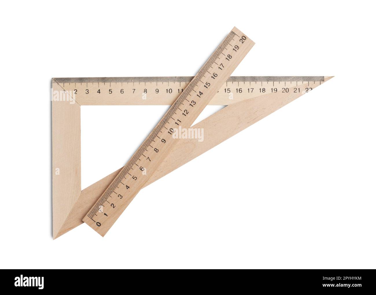 Wooden triangle and ruler isolated on white, top view Stock Photo - Alamy