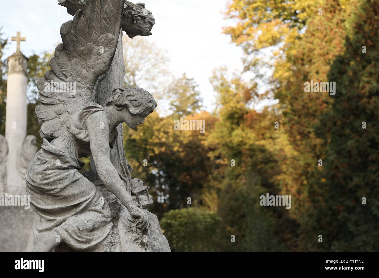 Beautiful statue of angel at cemetery, space for text. Funeral ceremony ...
