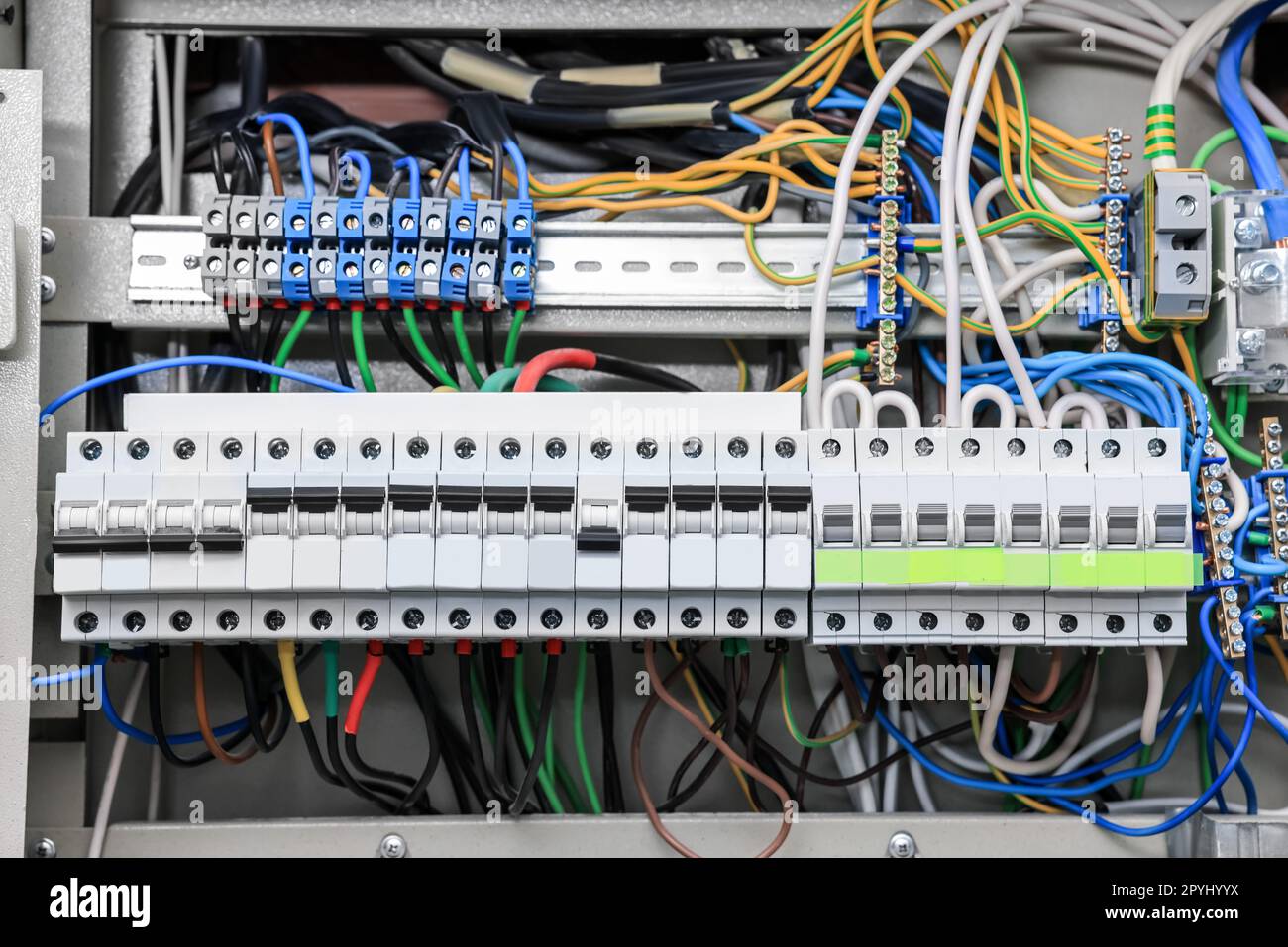 Electrical panel with many wires in fuse box, closeup Stock Photo - Alamy