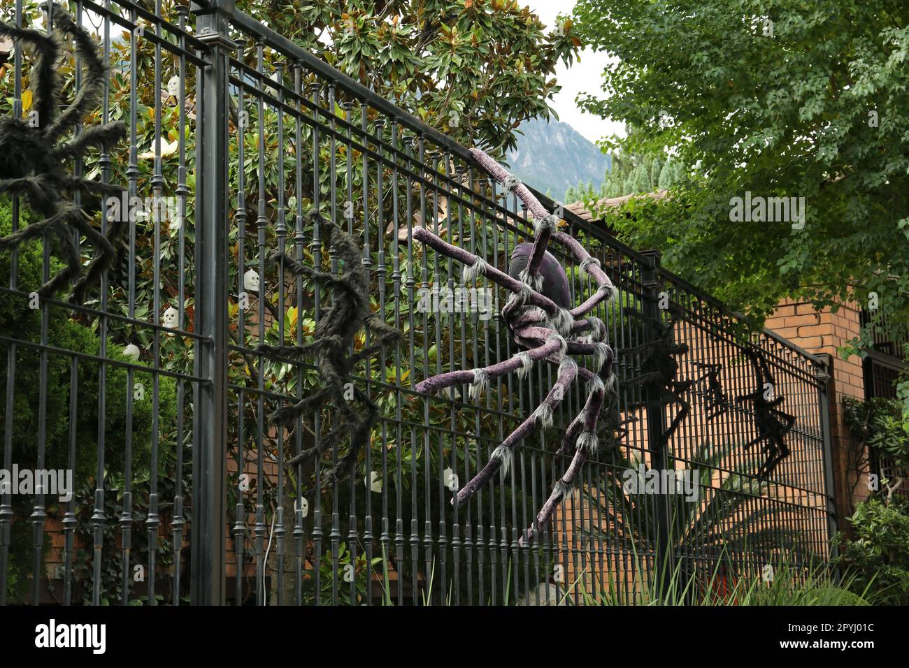 Big spider figures on black metal fence. Halloween decoration Stock ...