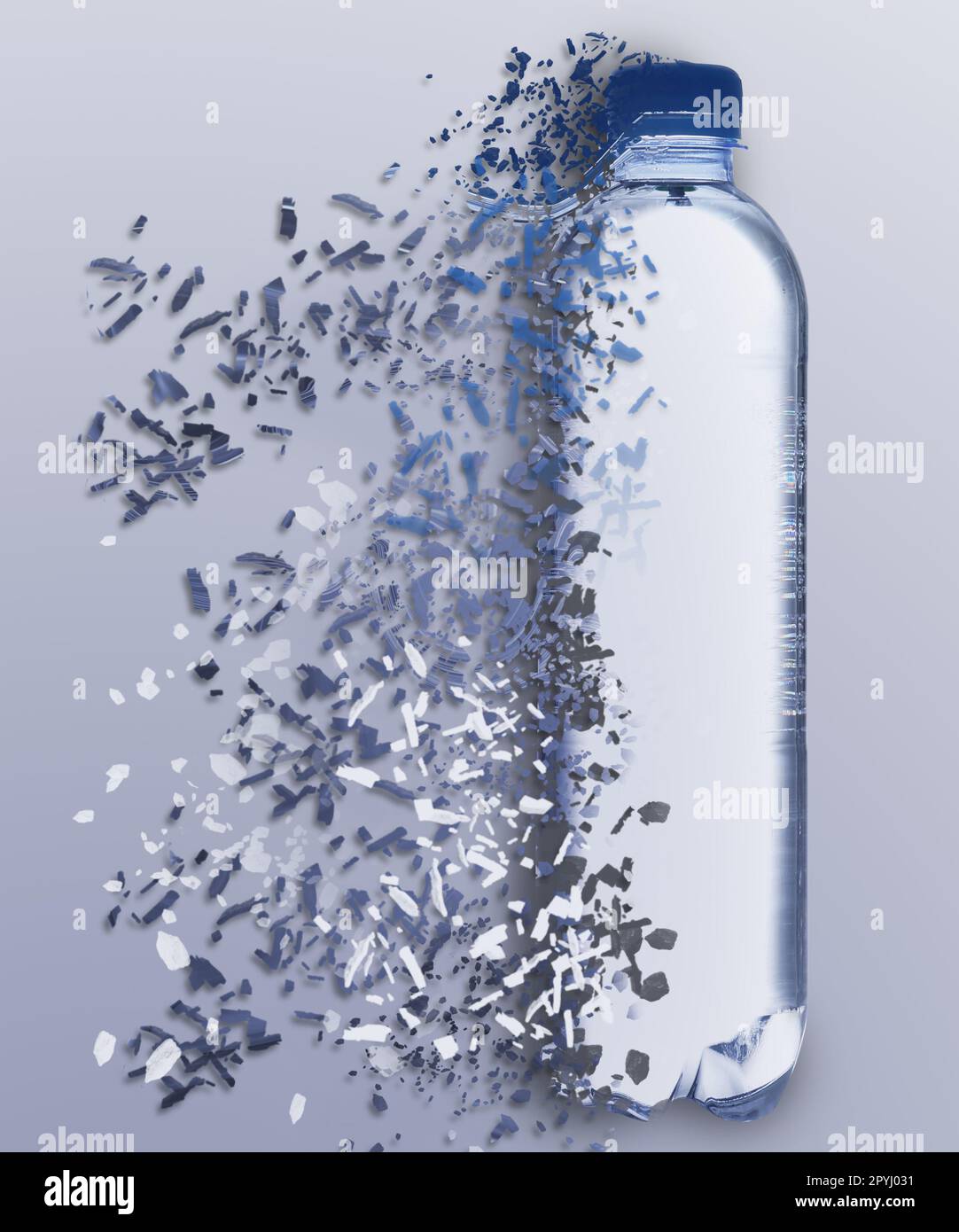 Bottle of water vanishing on light background. Decomposition of plastic ...