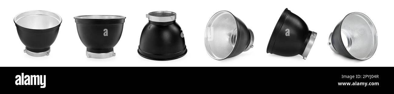 Set with studio flash light reflectors on white background. Banner ...