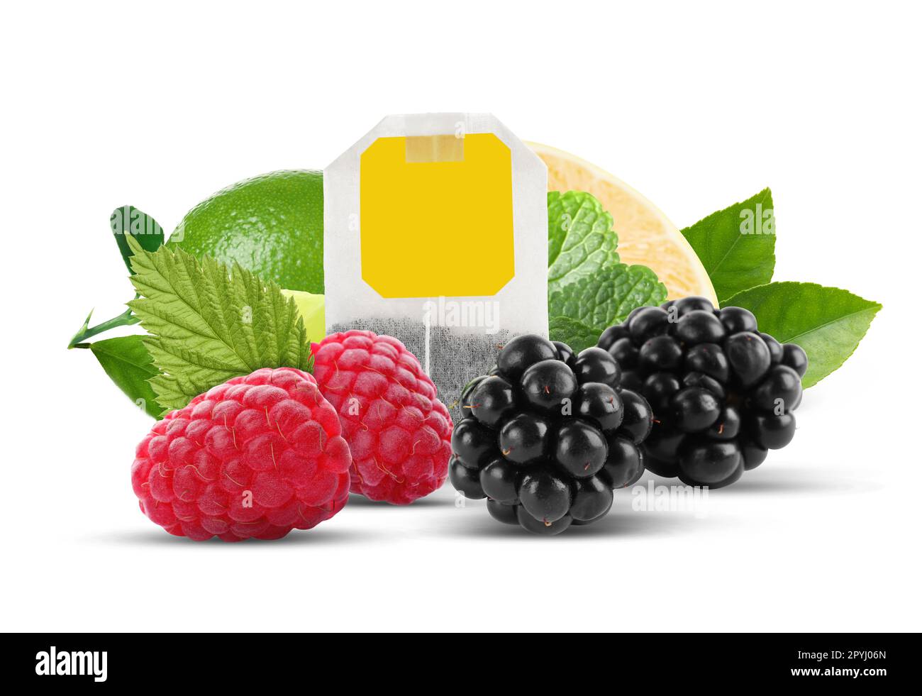 Tea bag with different healthy ingredients on white background Stock ...