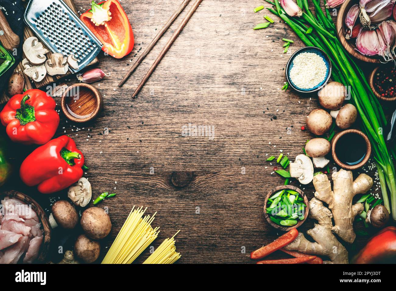 Asian cuisine ingredients with noodles and chicken, food background ...