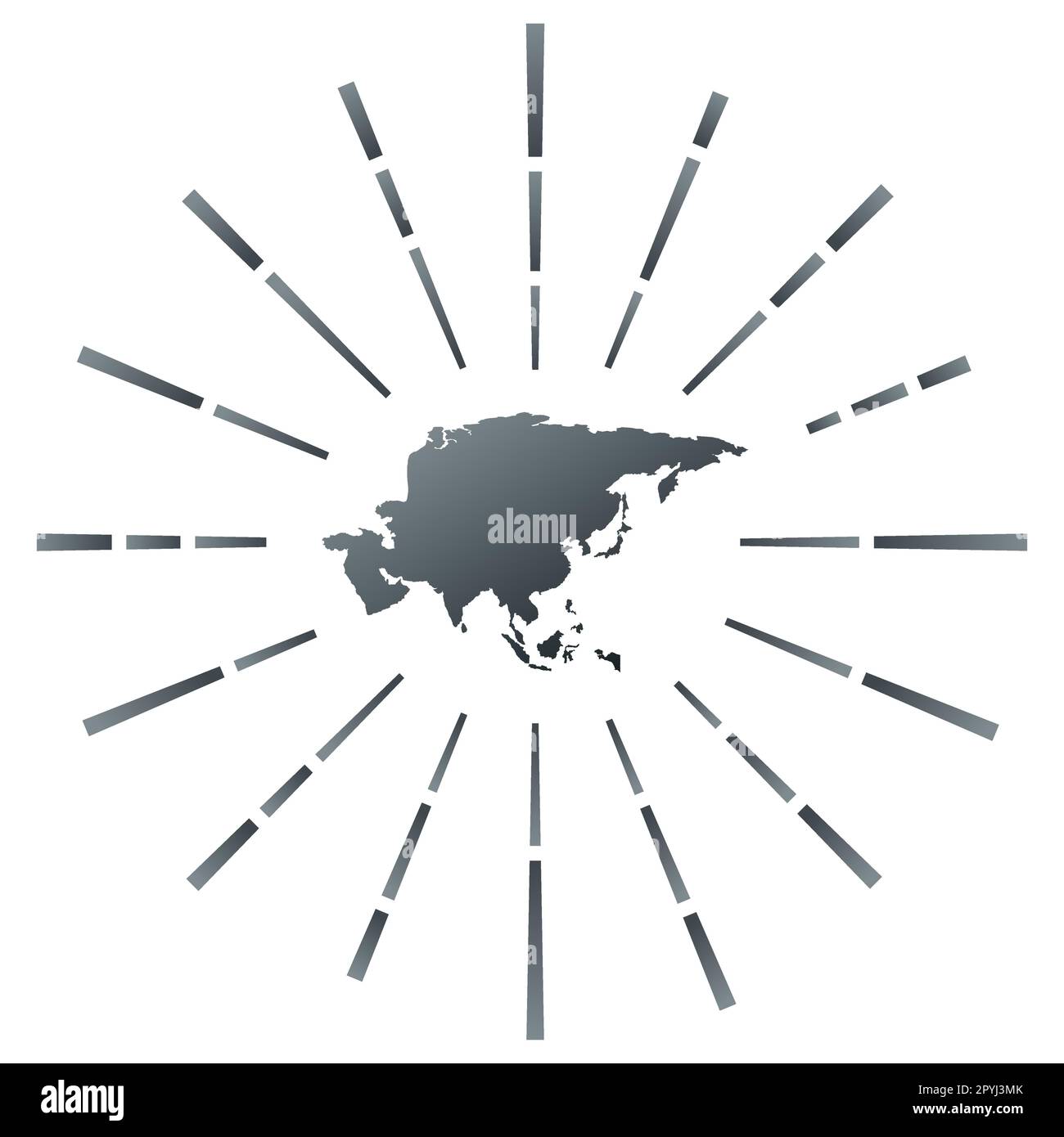 Asia gradiented sunburst. Map of the continent with colorful star rays ...